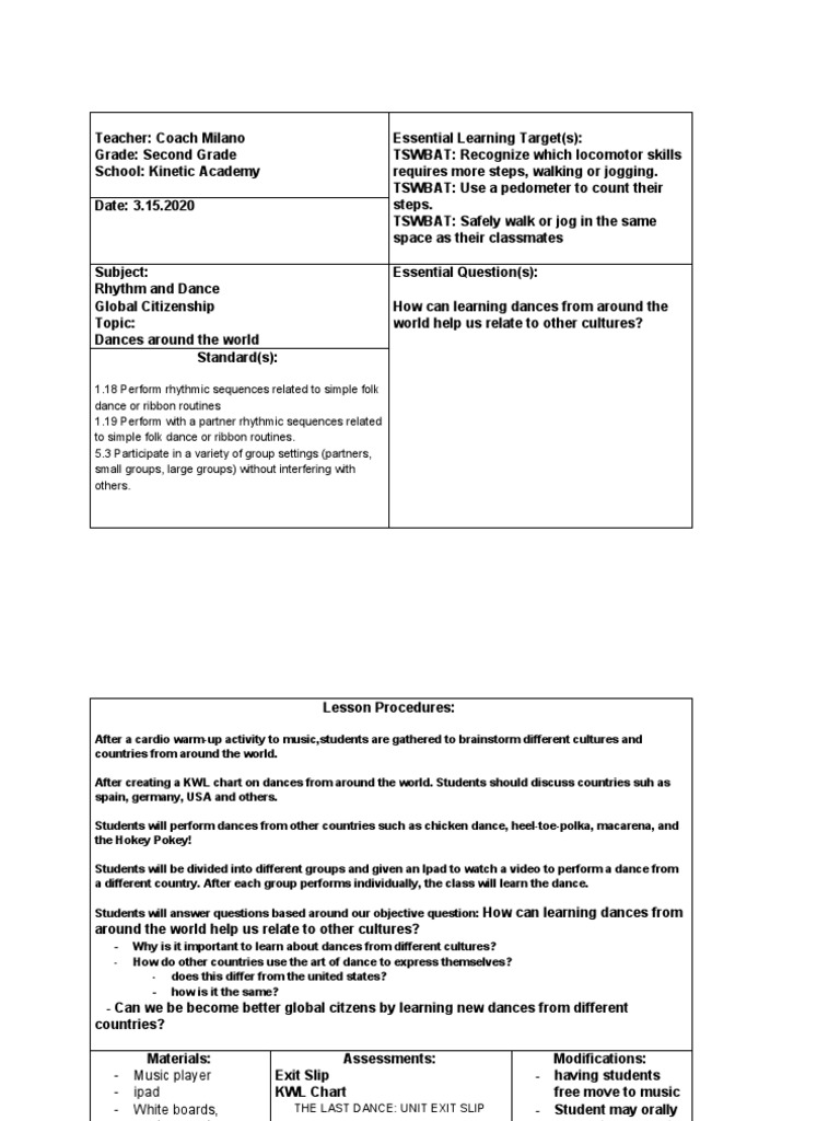 Dances Around The World Lesson Plan | PDF | Dances | Pedagogy