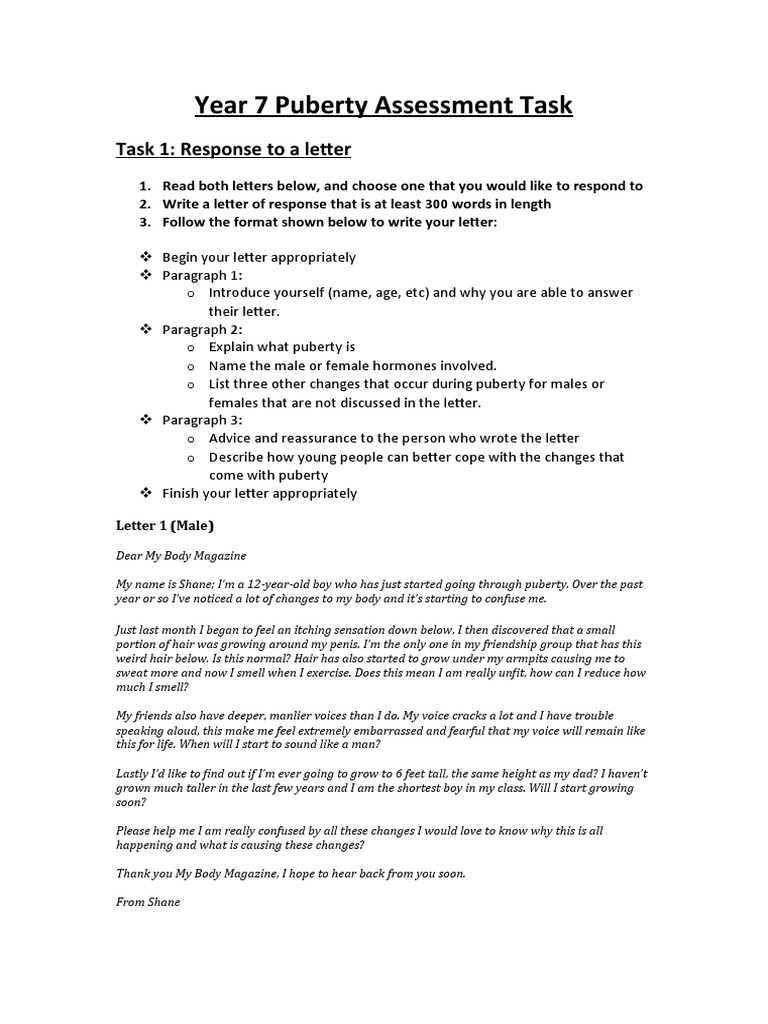 Year 7 Puberty Assessment Task Pdf Puberty
