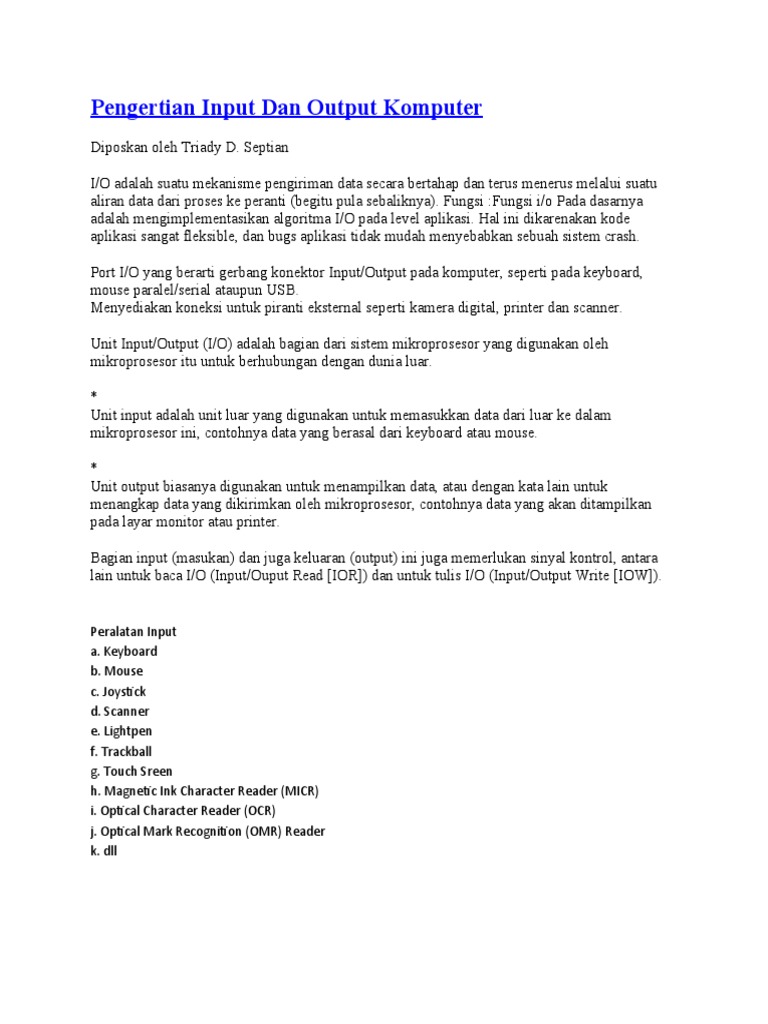 Pengertian Input Dan Output Komputer | PDF | Bisnis | Komputer