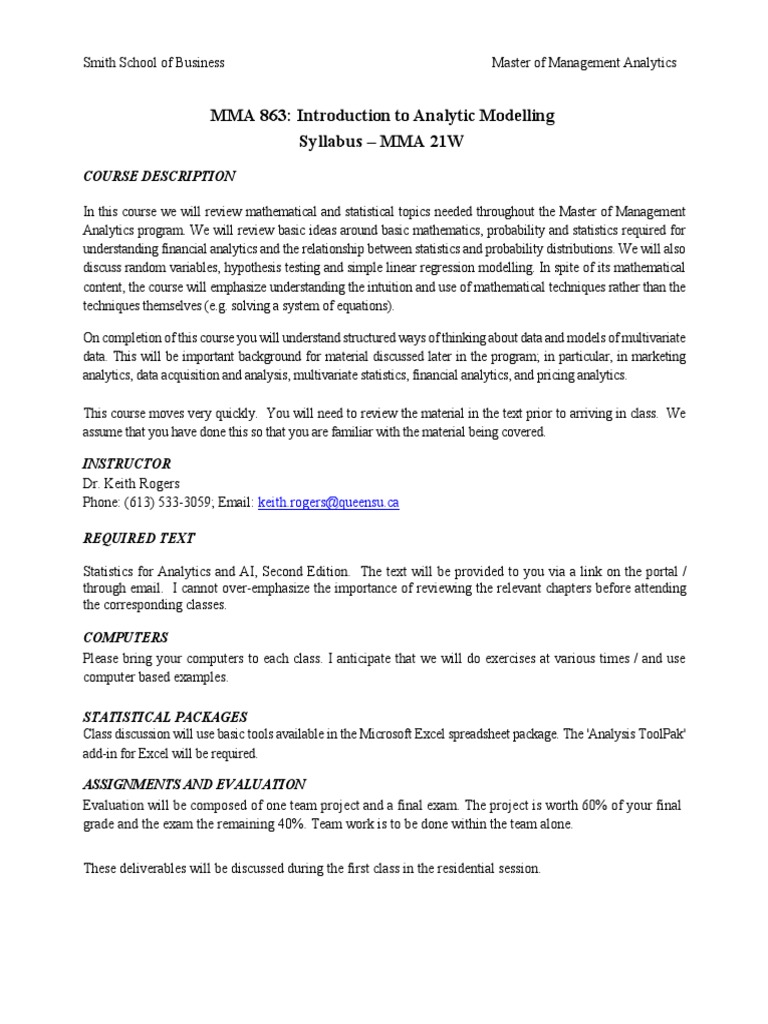 MMA 863 Course Outline MMA 21W | PDF | Analytics | Statistics