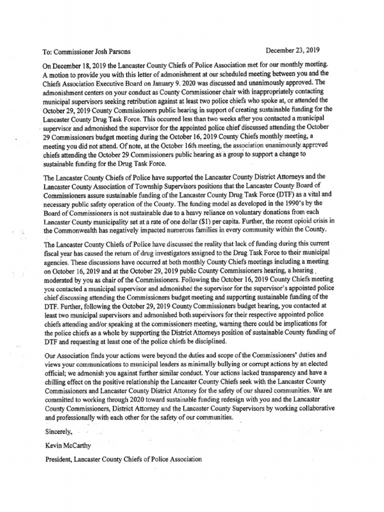 Chiefs of Police Letter to Parsons