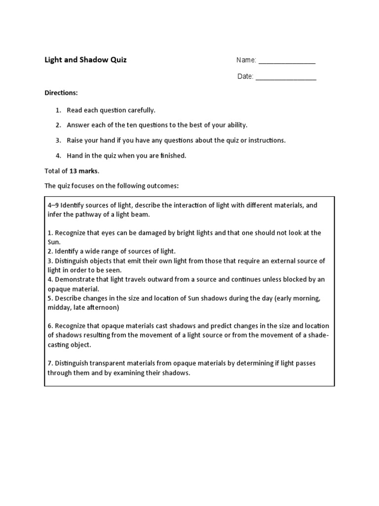 Light and Shadow Quiz Name | PDF | Shadow | Light