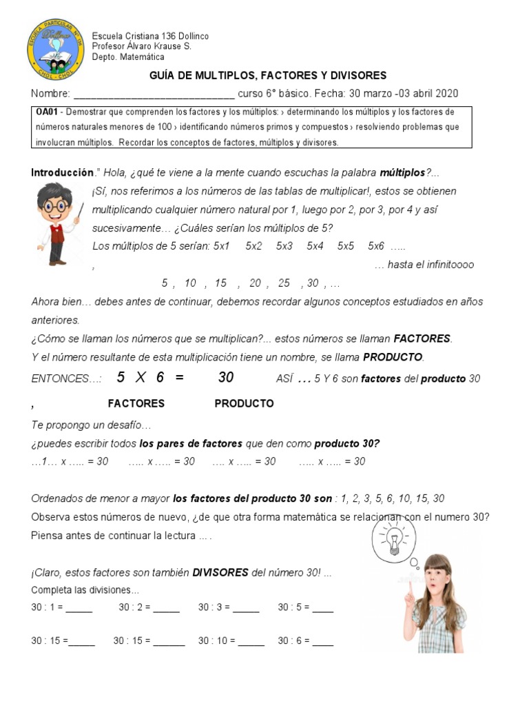 Múltiplos, Factores y Divisores, Guia Inicial 6° Básico | PDF ...