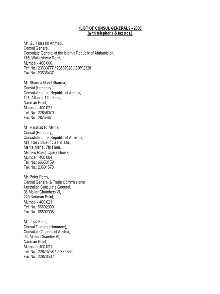 LIST OF CONSUL GENERALS - 2008 | PDF