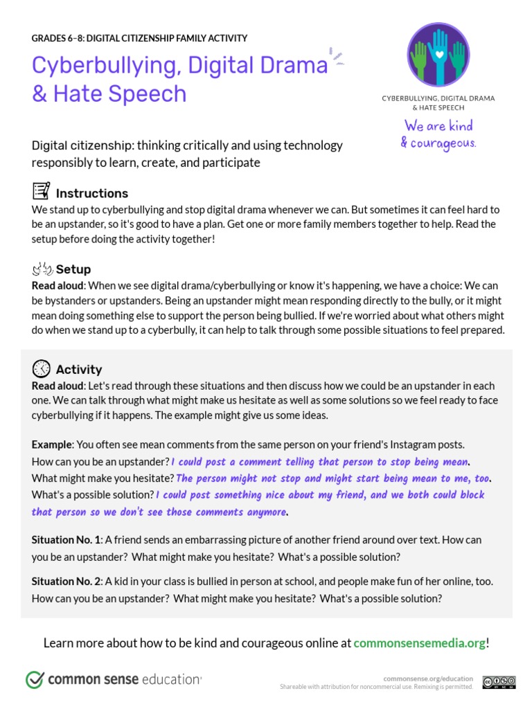 Family Activity - Cyberbullying Digital Drama Hate Speech - Grades 6-8 ...