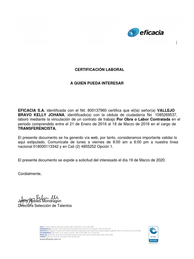 Certificación Laboral de Kelly Vallejo | PDF
