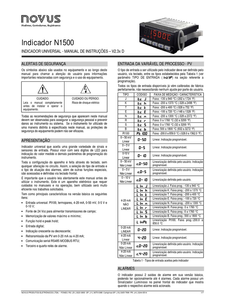 Novus N1500 PDF | Download grátis PDF | Termopar | Função (Matemática)