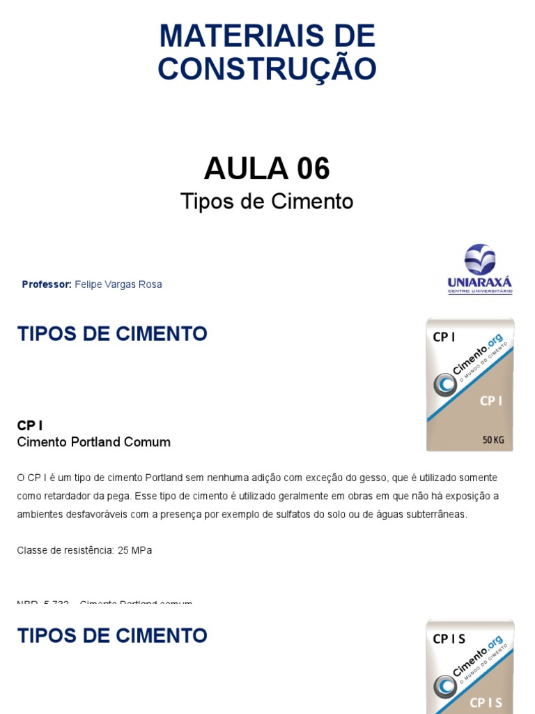 Aula 06 - Tipos de Cimento | Download grátis PDF | Cimento | Concreto