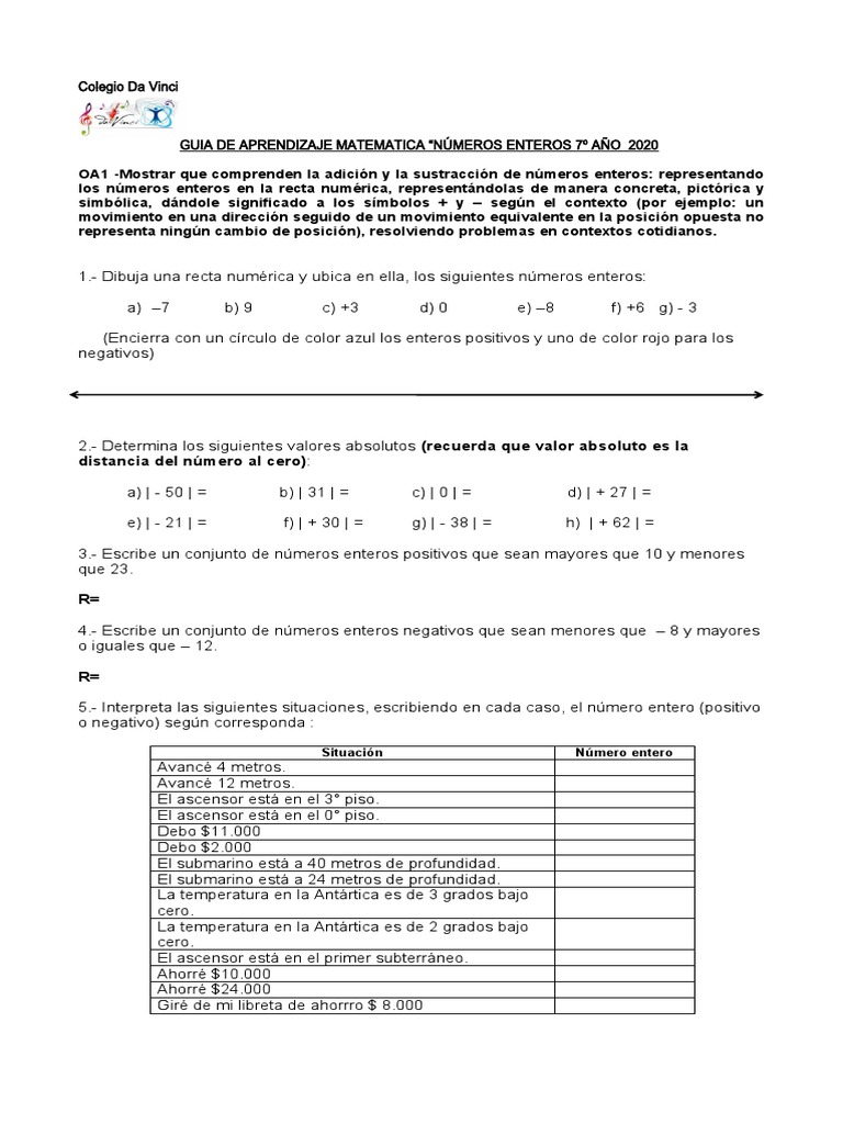 Guia de Aprendizaje Septimo 2020 Matematica | PDF | Entero | Números