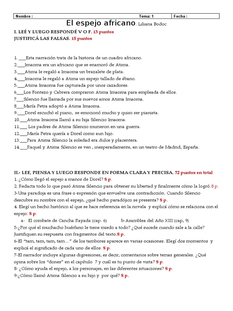 Prueba de Lectura El Espejo Africano 2019 | PDF