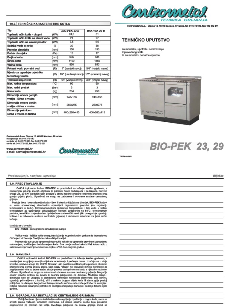 CENTROMETAL BIO PEK ETAŽNI KOTLOVI BIO-PEK-23-29-Teh-upute-08-2011 | PDF