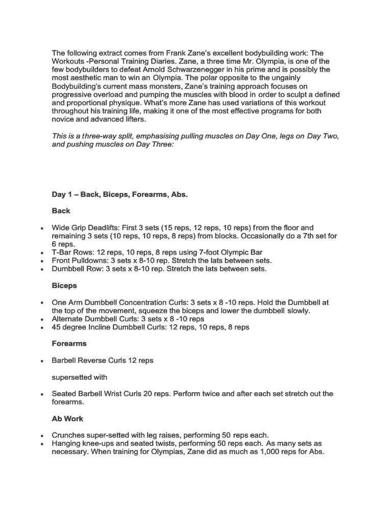 Frank Zane Workout Routine | PDF | Weight Training | Physical Exercise