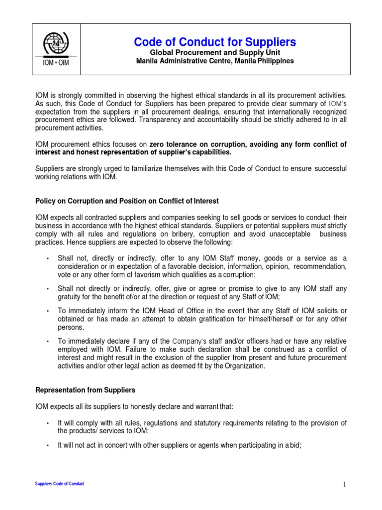 IOM - Code of Conduct For Suppliers | PDF | Corruption | Supply Chain