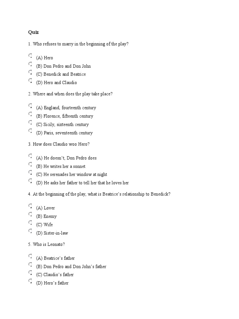 Much Ado About Nothing Quiz Questions | PDF | Much Ado About Nothing
