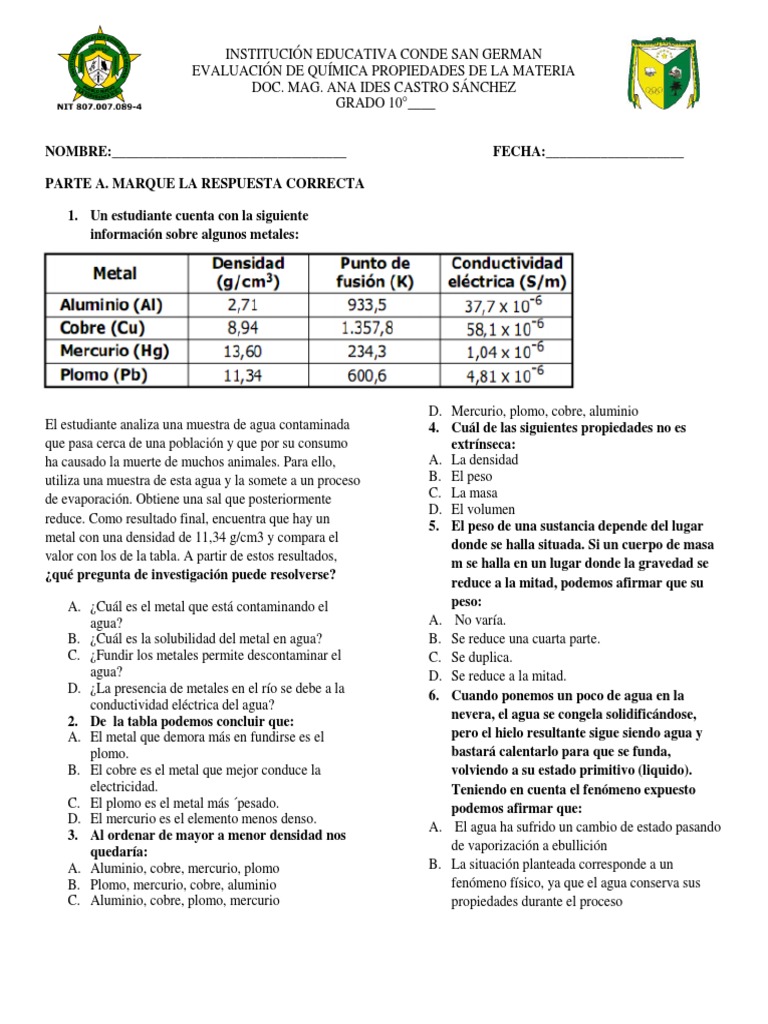 Evaluación Propiedades de La Materia 10 2020 PDF | PDF | Evaporación | Agua