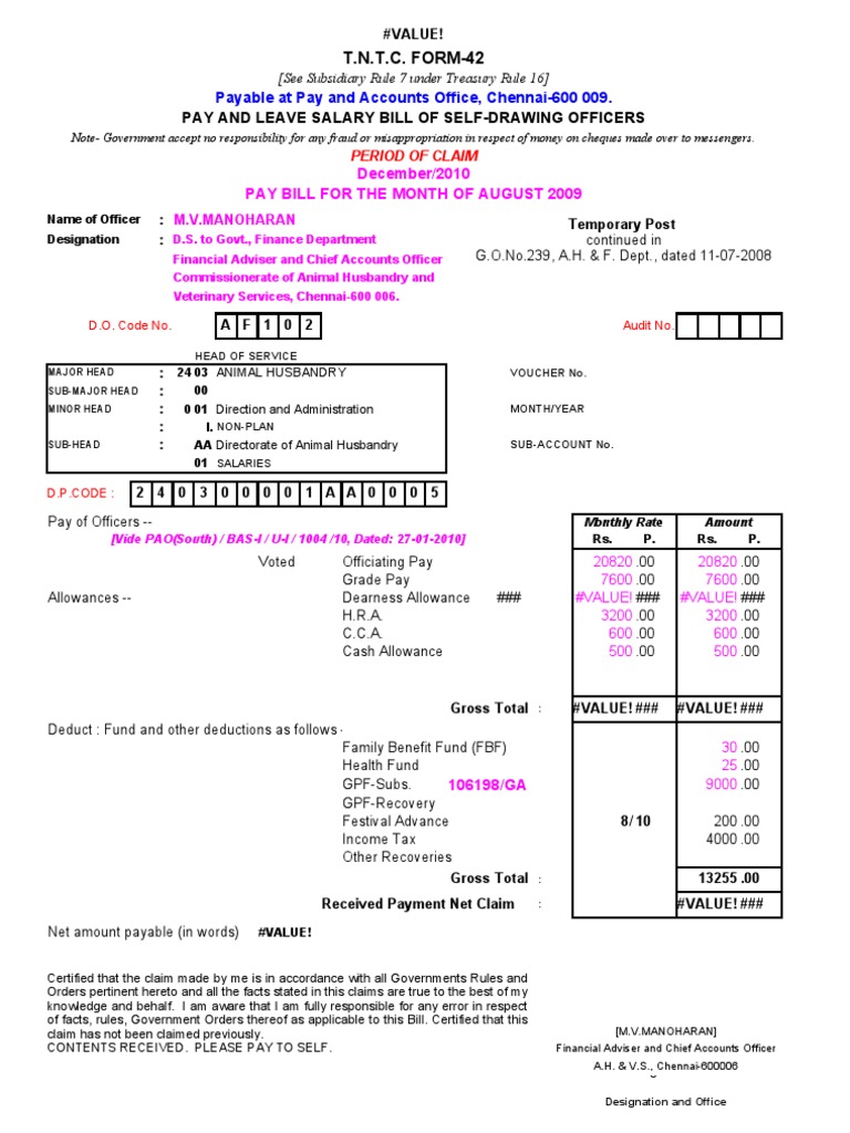 Pay Bill for Self-Drawing Officers | PDF | Income Tax | Government Finances
