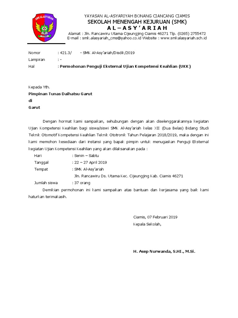 Surat Permohonan Penguji Eksternal Untuk UKK | PDF