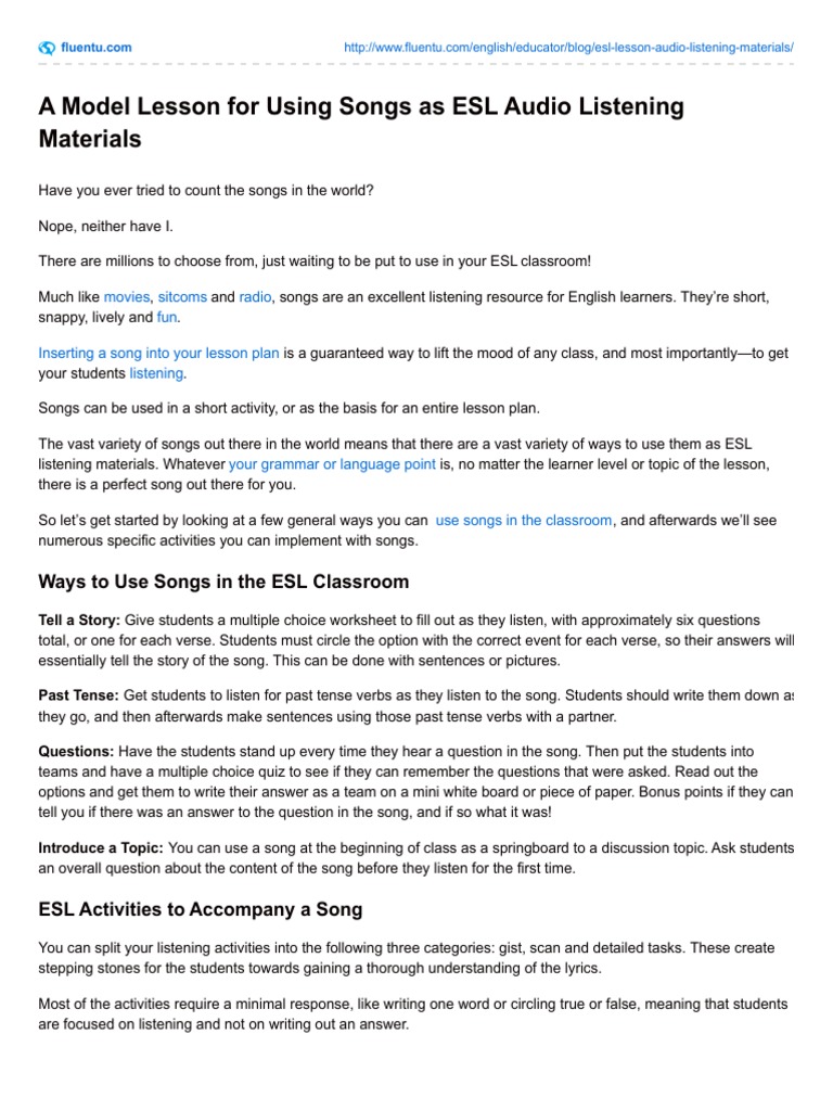 A Model Lesson For Using Songs As Esl Audio Listening Materials | PDF ...
