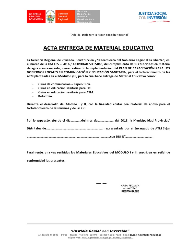 Acta Entrega de Material Educativo - Facilitador | PDF