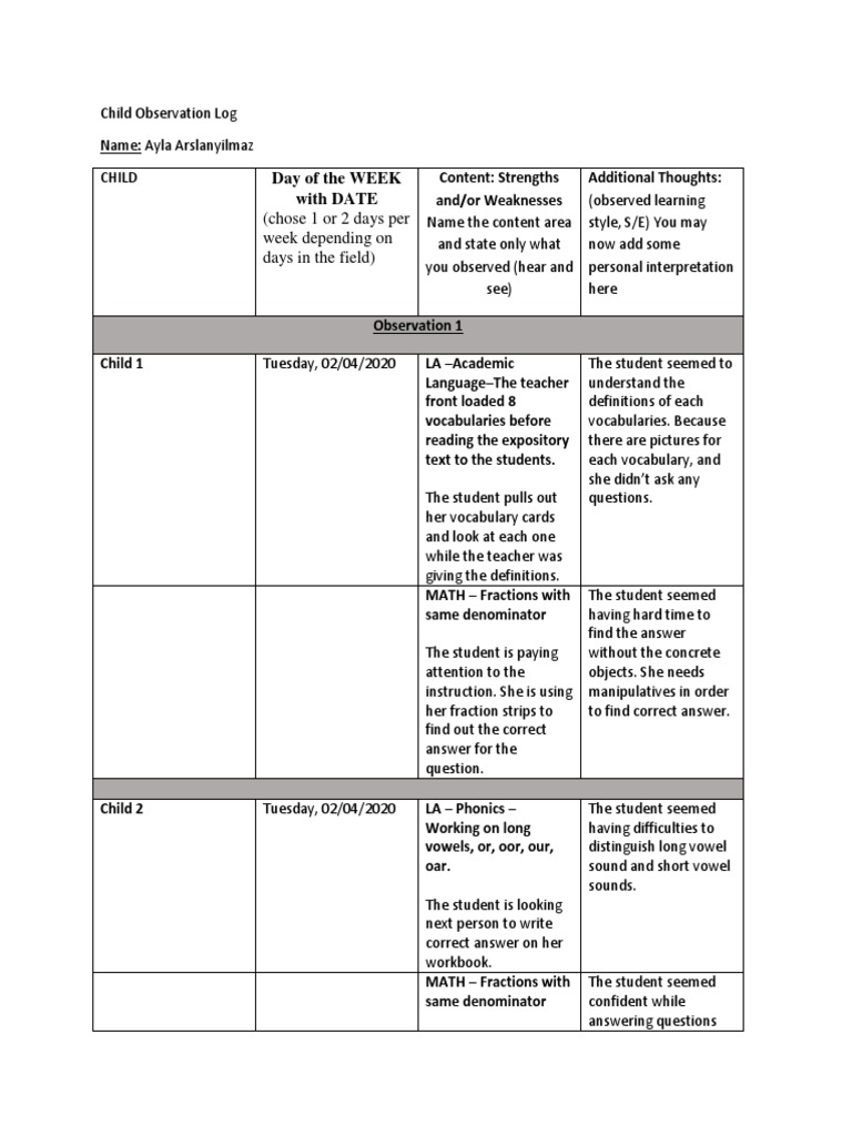 Child Observation Log | PDF | Reading Comprehension ...