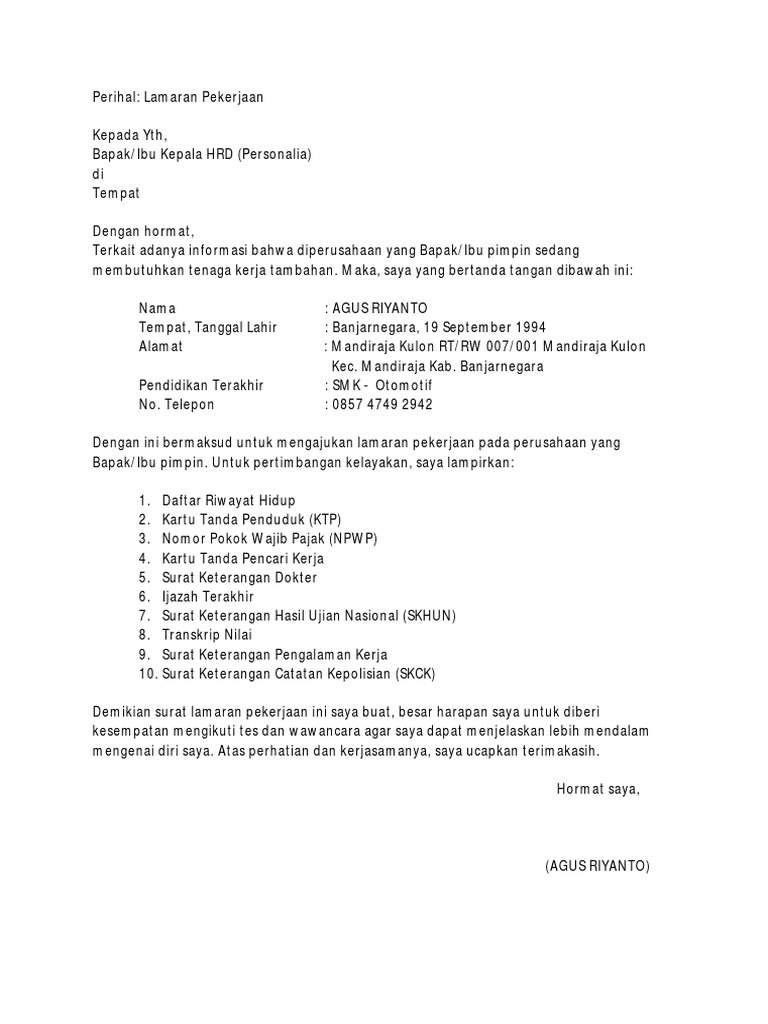 Lamaran Pekerjaan Agus Riyanto | PDF