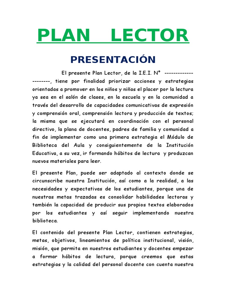 Plan Lector - Inicial | PDF | Comprensión lectora | Educación de la ...
