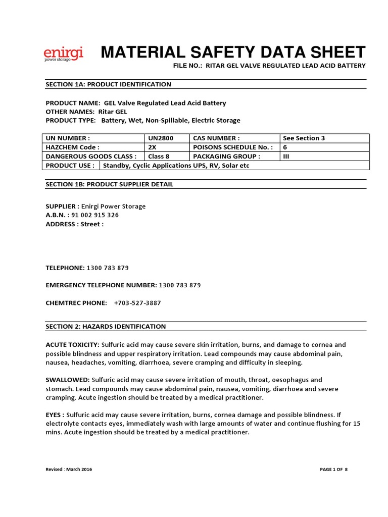 Ritar Msds Gel PDF | PDF | Lead | Firefighting
