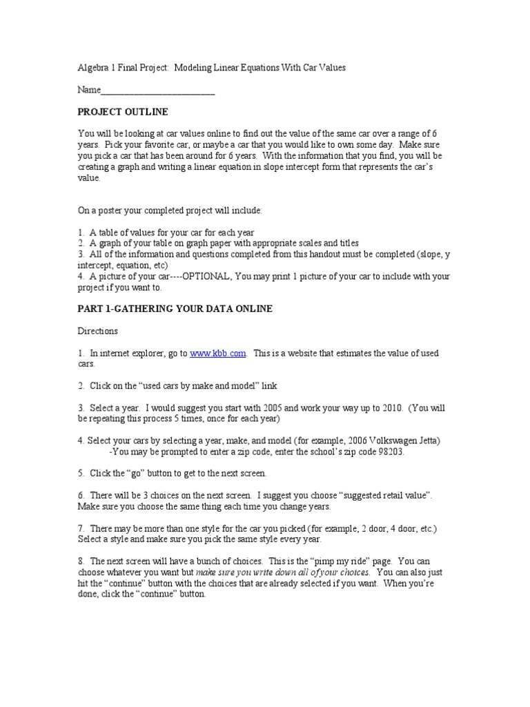 Algebra Car Project | PDF | Slope | Teaching Mathematics