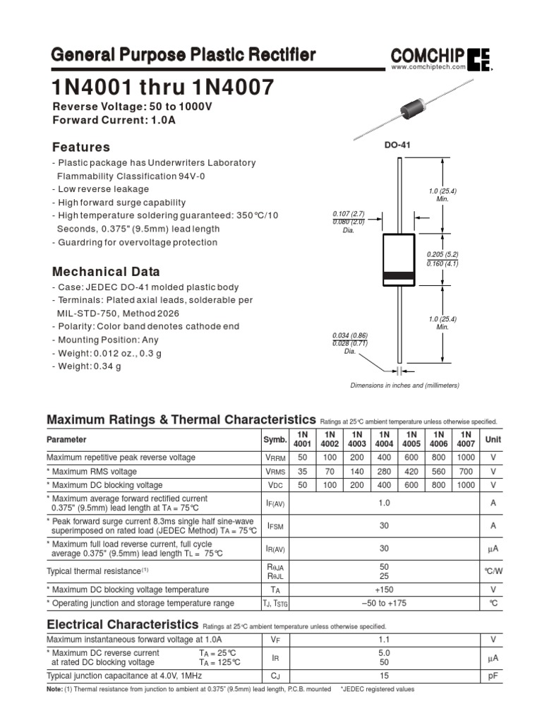1N4001 Thru 1N4007: General Purpose Plastic Rectifier General Purpose Plastic Rectifier Comchip ...