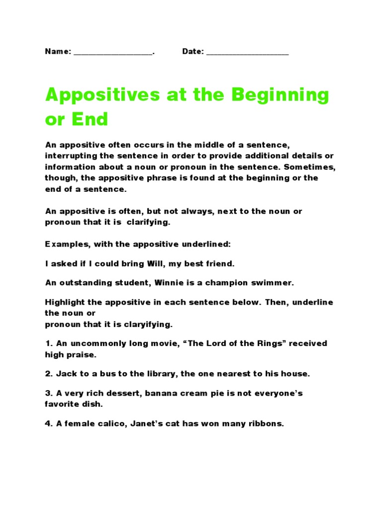 Appositive Practice | PDF