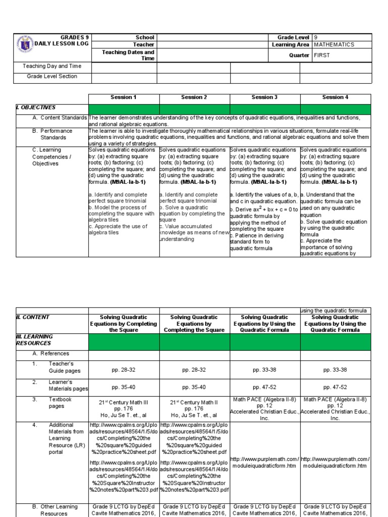 Solving Quadratic Equations through Various Methods: A Daily Lesson Log ...