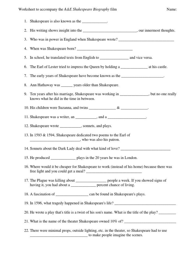 A&E Shakespeare Biography Worksheet | PDF | Shakespeare's Sonnets ...