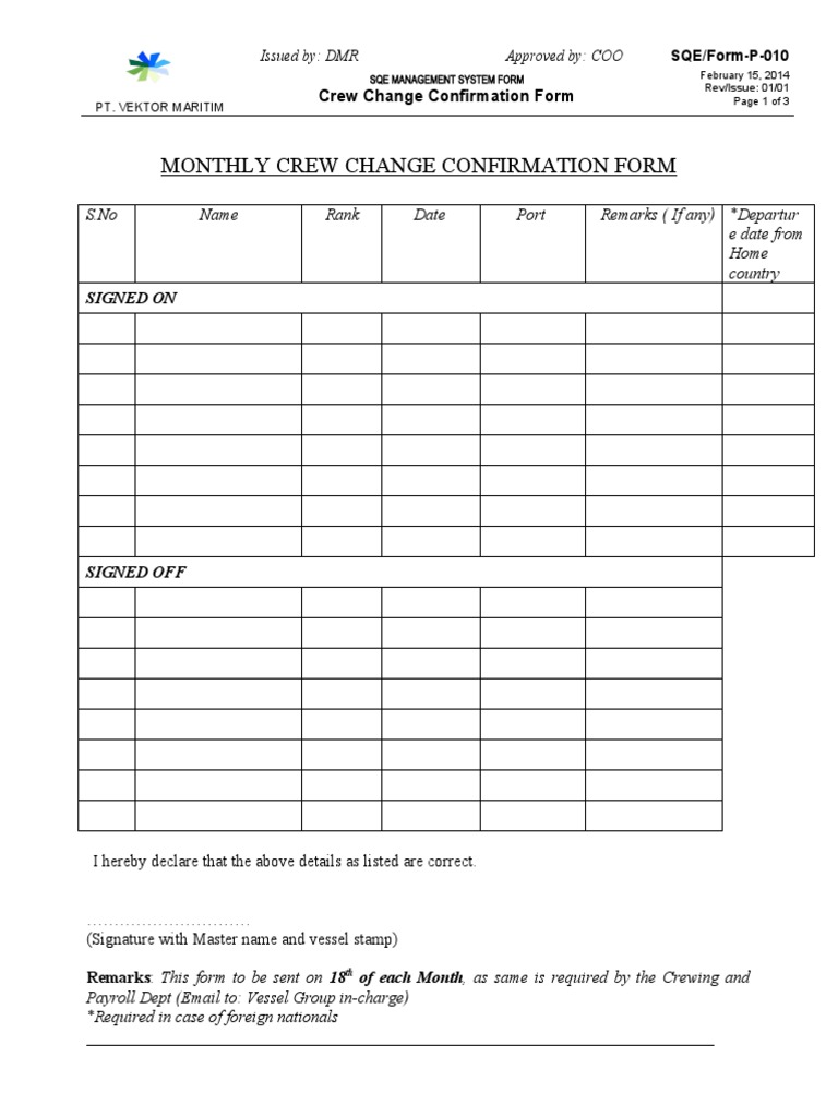 P-010 Crew Change Confirmation Form Rev 00 | PDF