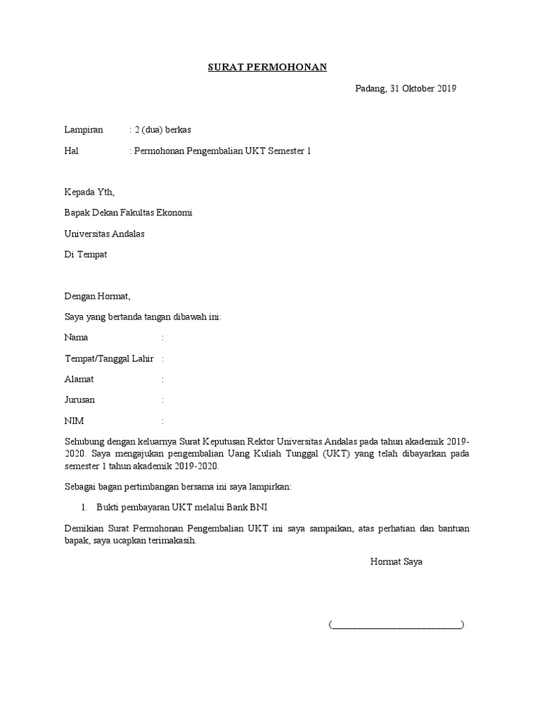 Surat Permohonan Pengembalian Ukt Mahasiswa SMMPTN 2019-2020 | PDF