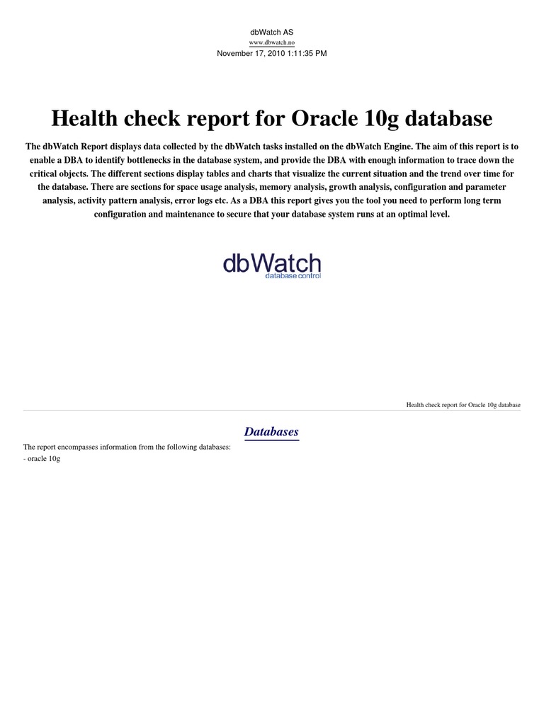 Health Check Report For Oracle 10g Database | PDF | Oracle Database ...