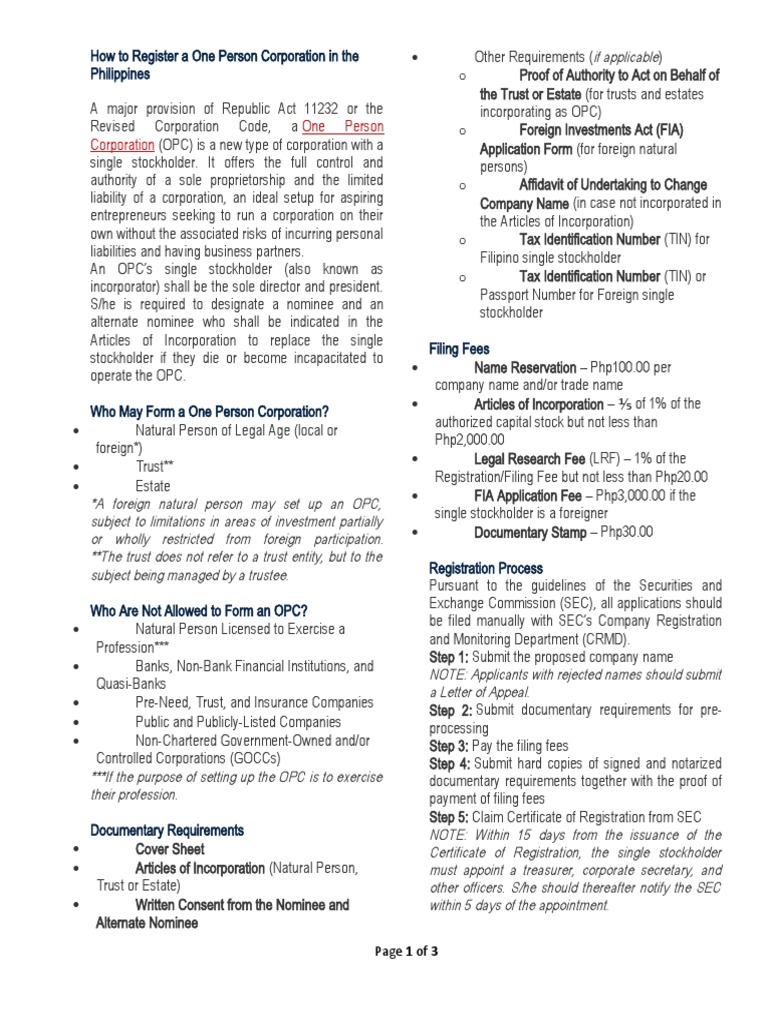How To Register A One Person Corporation in The Philippines | PDF ...