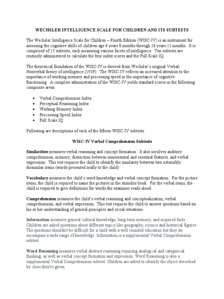 Wisc and Its Subtests | PDF | Wechsler Adult Intelligence Scale ...