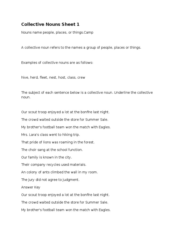 Collective Nouns Sheet 1 | PDF | Adverb | Syntax