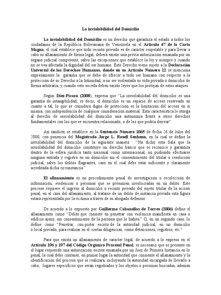 La Inviolabilidad Del Domicilio | PDF | Derecho penal | Ley procesal