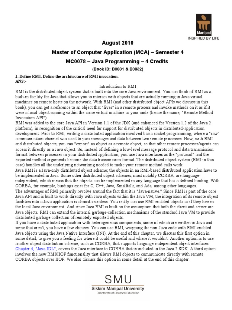 August 2010 Master of Computer Application (MCA) - Semester 4 MC0078 - Java Programming - 4 ...