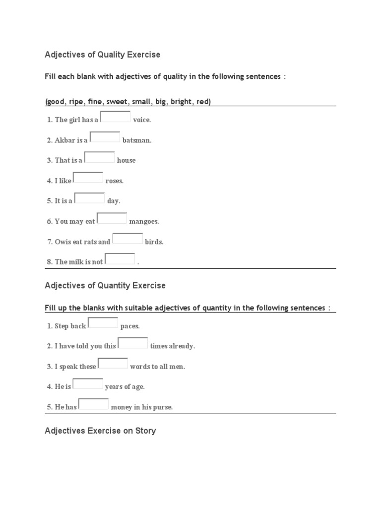 Adjectives of Quality Exercise | PDF