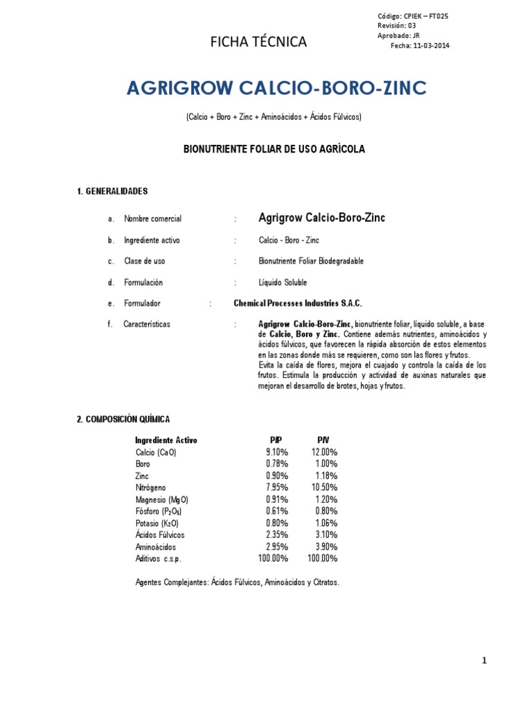 Agrigrow Ca B ZN - Ficha Técnica | PDF | Toxicidad | Calcio
