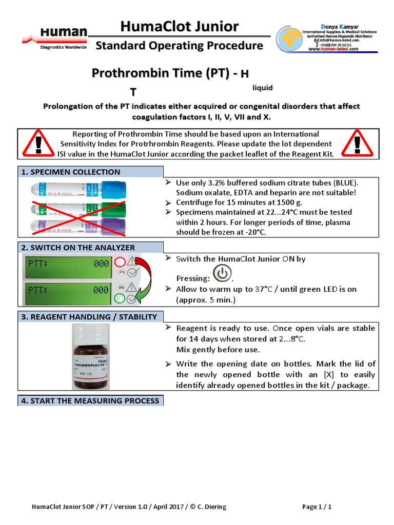 HumaClot Junior SOP Prothrombin Time PT Version 1 0 PDF | PDF ...