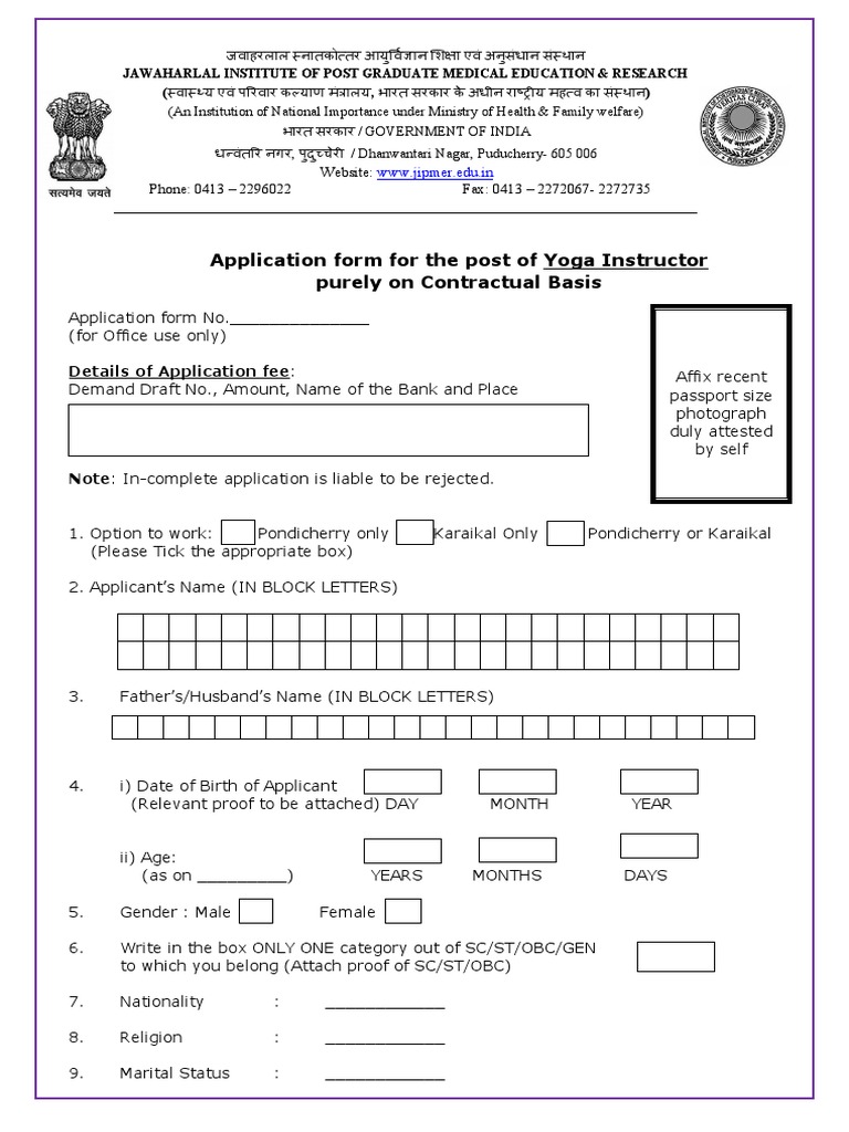 Application Format For The Post of Yoga Instructor | PDF | Identity ...