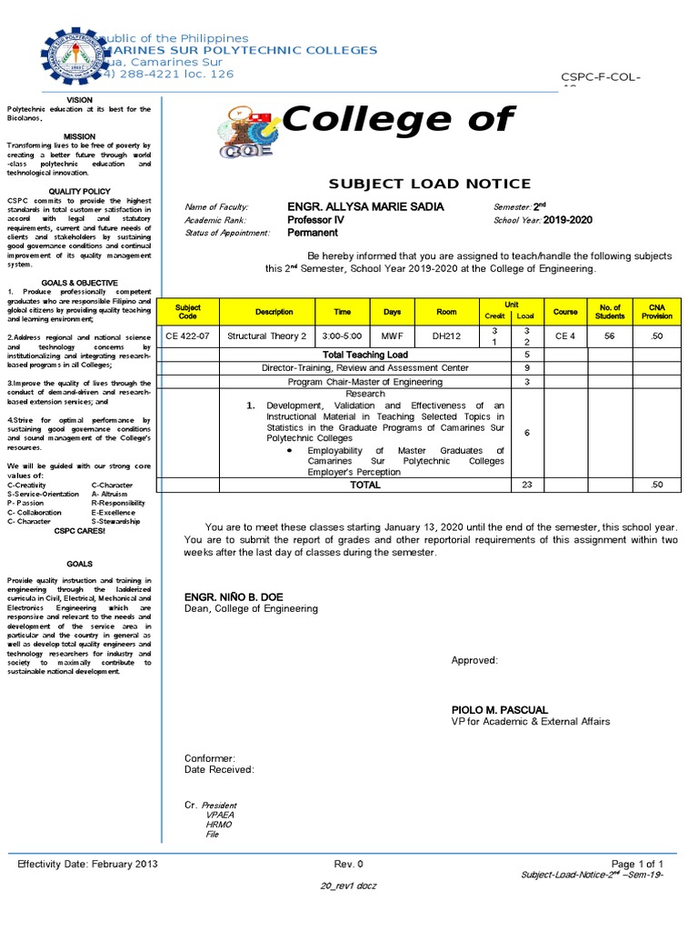Subject Load Notice for Faculty 2019-2020 | PDF | Governance | Engineering
