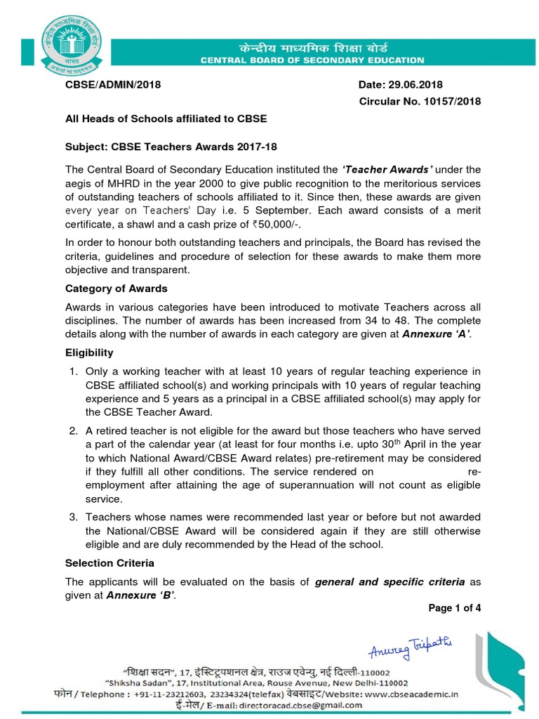 CBSE Award Circular Final | PDF | Teachers | Educational Assessment