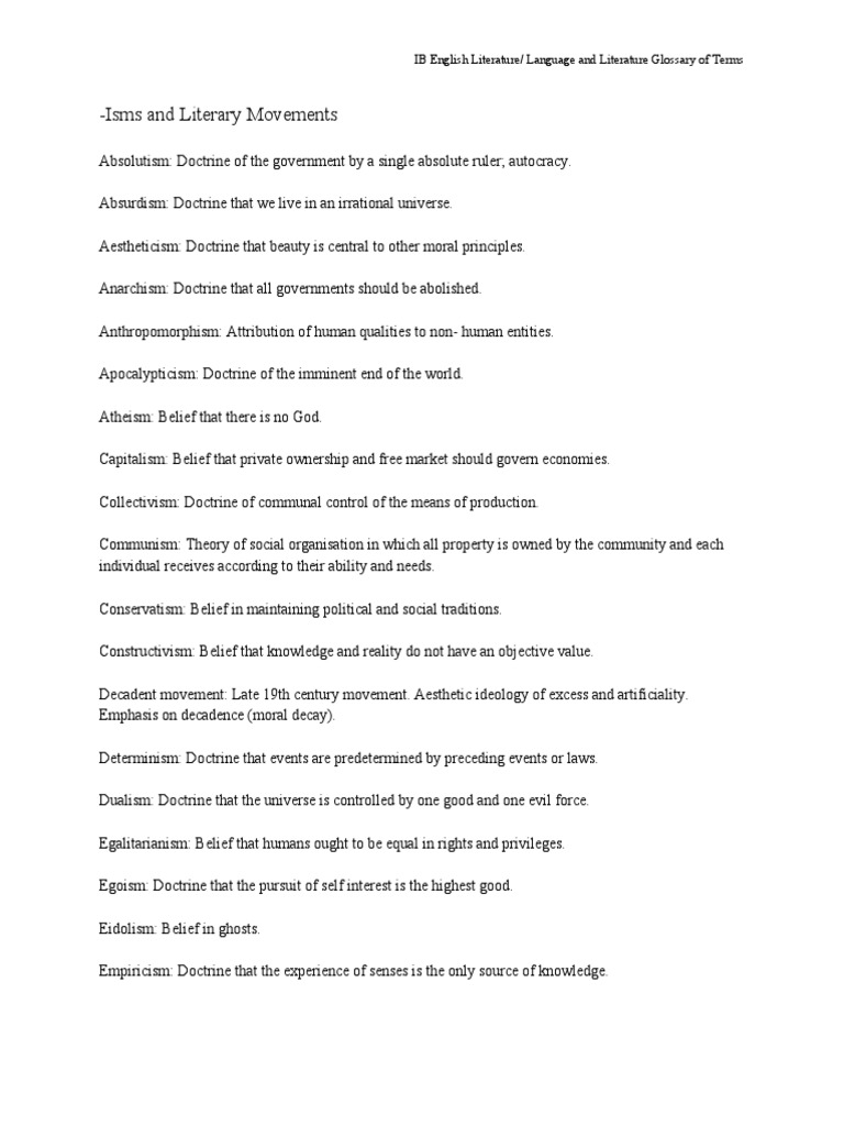 IB English Literary Terms Glossary | PDF | Pessimism | Reality