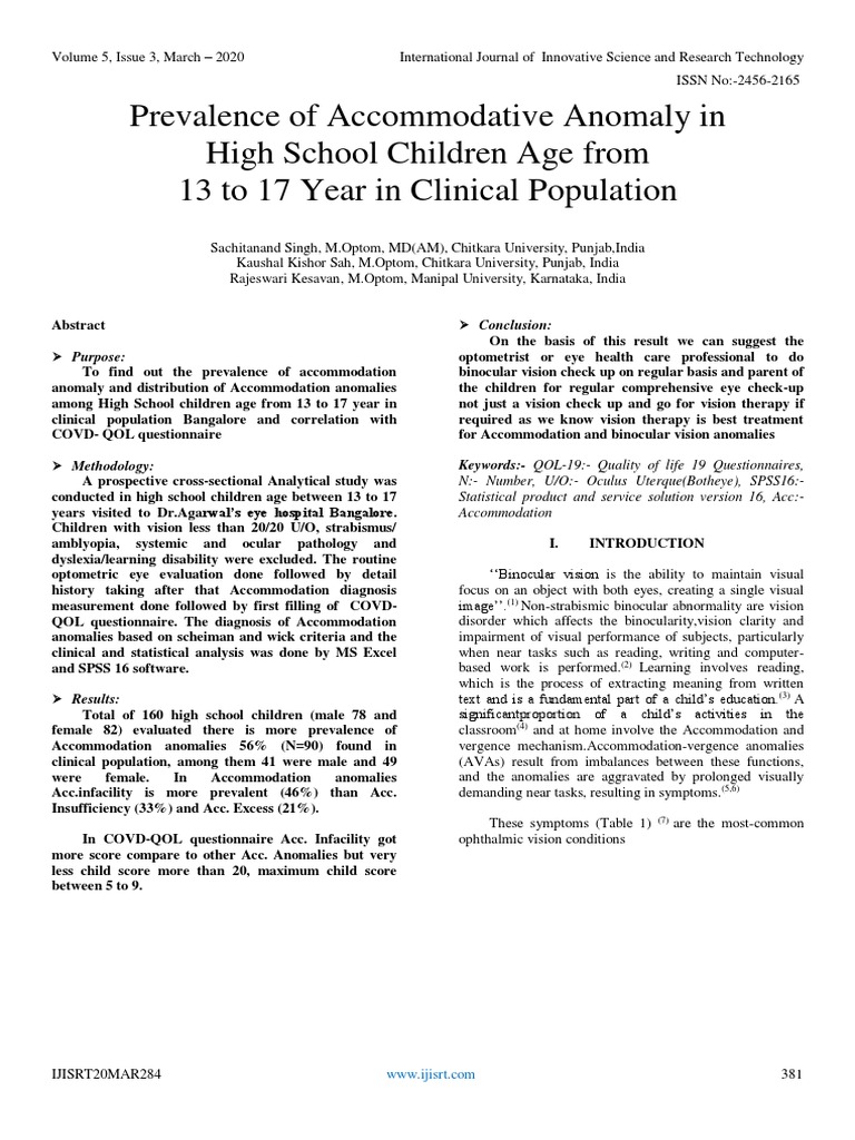 Prevalence of Accommodative Anomaly in High School Children Age From 13 ...