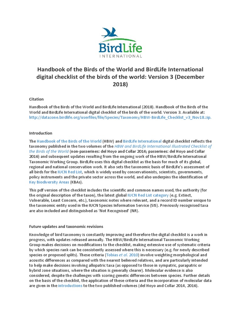 BirdLife International Checklist 2018 | PDF | Birds | Paravians