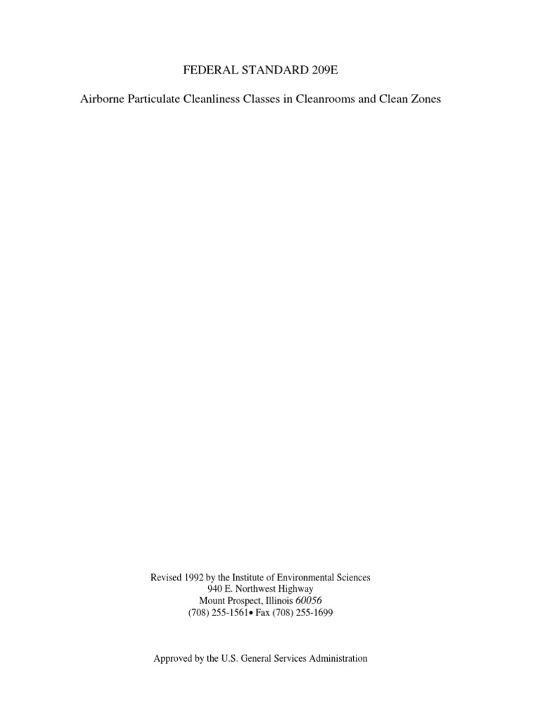 Federal Standard 209E Airborne Particulate Cleanliness Classes in ...